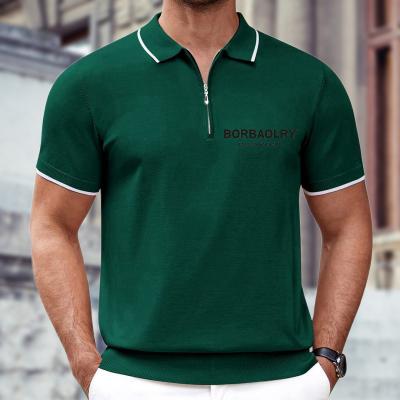 China European Style Summer Men's Casual Business Polo Shirt Cotton Woven Solid Knit Pattern with Zipper Lapel Zipper Knit for sale