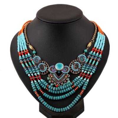 China 2015 African Fashion Beach Jewelry Blue Handmade Multi layers Bead Chain Women Necklace for sale