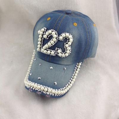 China new fashion denim baseball hat Pearl&Diamond Letter Sun caps Male or Female Outdoor sports for sale