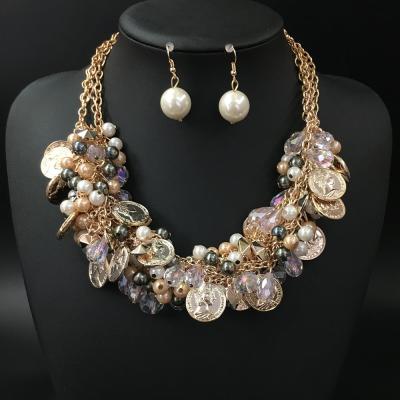 China Women Lady crystal flower Pendant pearl Chain Choker Chunky Pearl Statement  Necklace set for sale