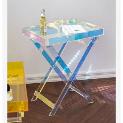 Cina Tavolo pieghevole acrilico rettangolare in stile nordico Tavolo laterale lucite arcobaleno iridescente in vendita