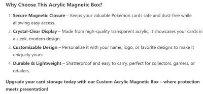 China Custom Acrylic Magnetic Box  Game Card Collection Storage Box  Acrylic Display Case for Pokémon Cards for sale