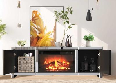 China Electric Fireplace TV Stand with 7 Colors 3D Realistic Flame Effect and Freestanding Heater in Silver Mirror Finish for sale