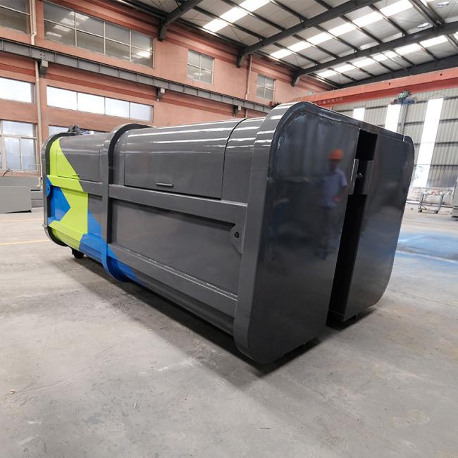 Side view of refuse collector container with hook mechanism