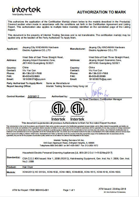 ETL - Jieyang City Xindaman Hardware Electric Appliances Co., Ltd.