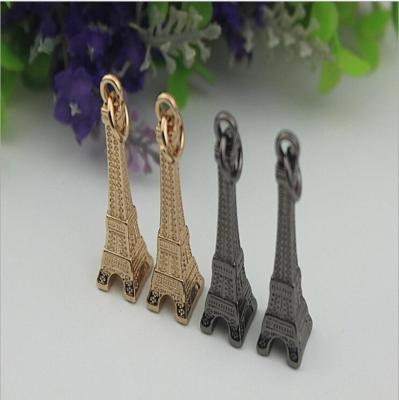 China Luggage hardware accessories Paris Tower shape 50mm length gold pendant metal buckle zipper tag for sale