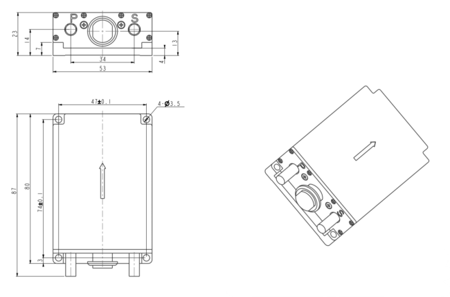 Technical diagram showing dimensions of INS100E integrated navigation system