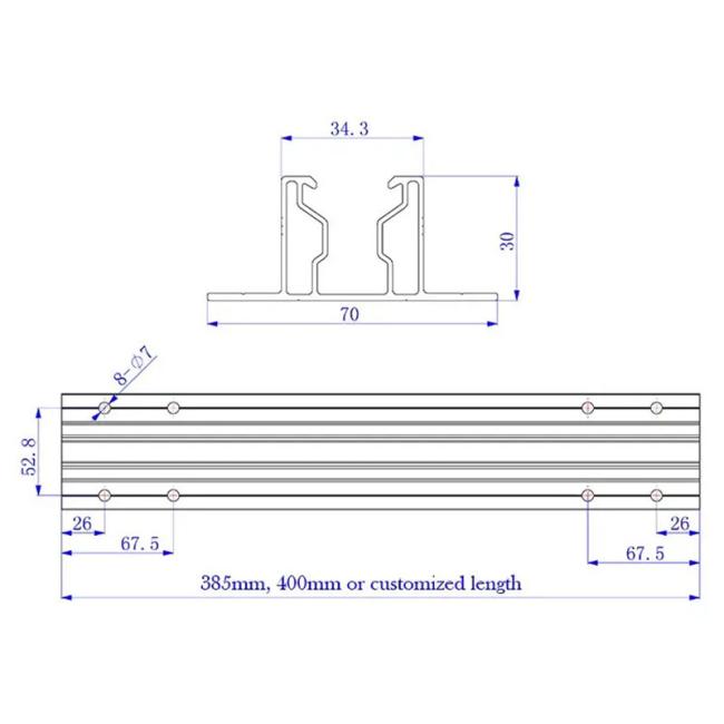 Anodized silver solar panel mounting rail showing cross-section and mounting points