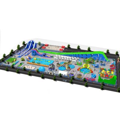 China OHO Commercial Inflatable Ground Water Park OH11-01-1 0.9mm +0.55mm PVC Tarpaulin Te koop