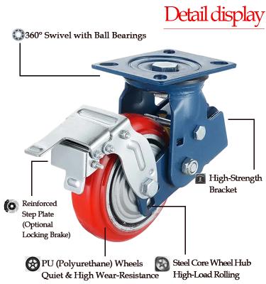 China Load  Bearing 400KG Heavy Duty Shock Absorbing Casters Single Caster Lockable PU Wheel 8'' Medical Equipment Carts for sale