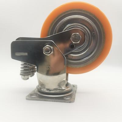 China 6 inches  industry Heavy Duty Steel Castors Dual Steel Spring Shock Absorber PU Wheels Casters Automotive equipment for sale