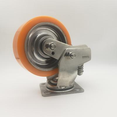 China Impact-resistant Industral Heavy Duty  Stainless Steel Spring Castors  Load Bearing  PU Wheels Automotive Tooling for sale