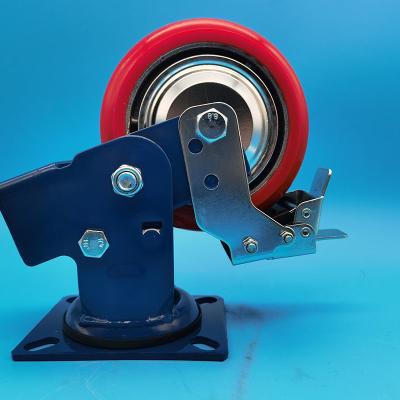 China Ball Bearing Caster Aviation Dual Spring Iron Core Polyurethane Swivel Caster With Brake Industrial Machinery Caster Wheels OEM for sale