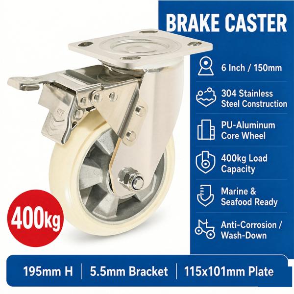 Quality 304 Stainless Steel Fork  400 Kg Heavy Duty  6 Inch Brake Lockable Caster Corrosion-resistant for sale