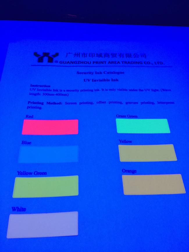 UV invisible ink sample under UV light