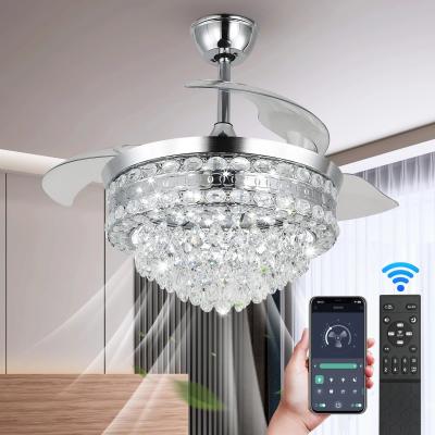 China Led Light Retractable Chandelier Invisible Blade Dimmable Crystal Timing Fan lamp(WH-CLL-61) for sale