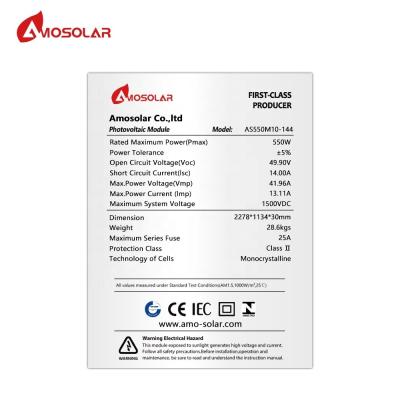 China MC4 Compatible Connector Amosolar PERC Mono 540w 550w 560w PV Panel for Home Hybrid Solar System for sale