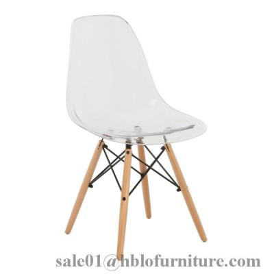 China plastic frame dining chair,transparent dining chair,wood legs for sale