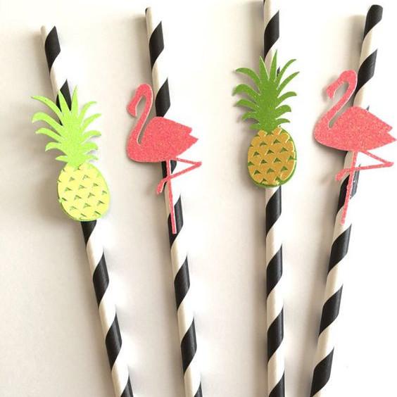 Quality Custom Sticker Flamingo and Pineapple Pattern Paper Straws for Party Bar Accessories for sale