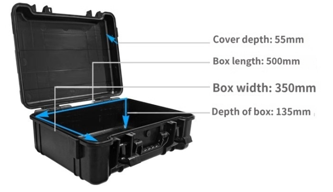 Front view of customizable portable tool box showing latches and handle