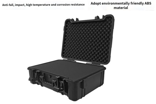 Side view of tool storage case displaying dimensions and structural ribbing