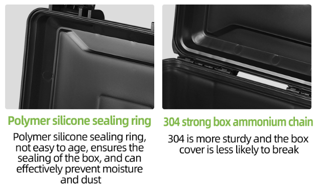 Close-up view of the tool case's reinforced steel hinges and sealing system
