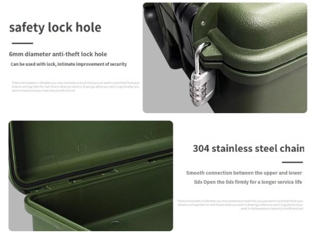 Close-up view of tool case handle and reinforced steel chain