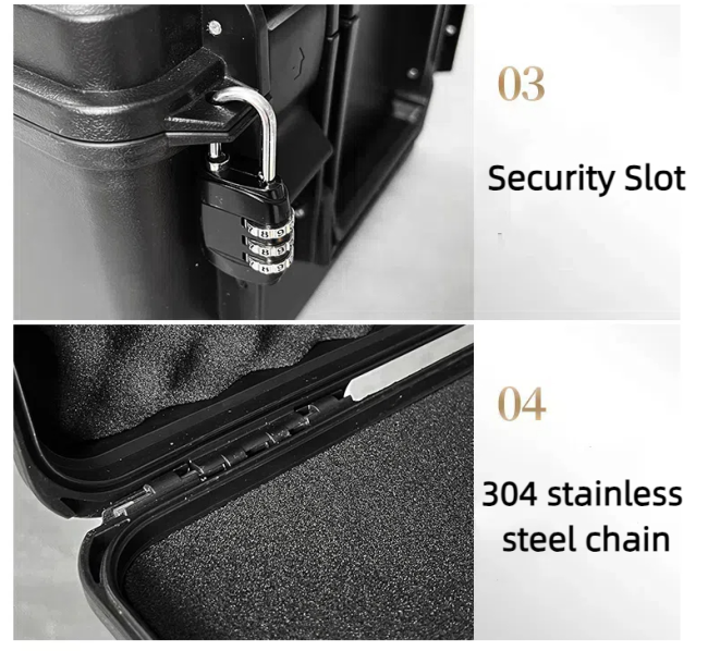 Interior view of tool case showing stainless steel chain and organization