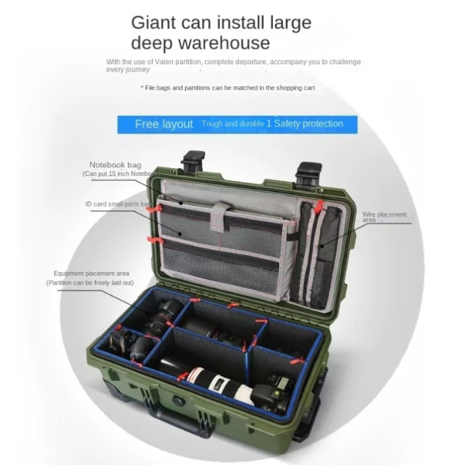 Waterproof IP67 photographic equipment case showing front view with pull rod and wheels