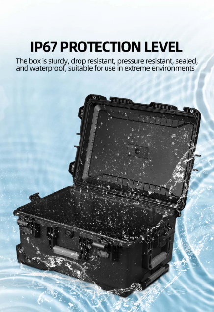 Waterproof tool case showing exterior design and locking mechanism