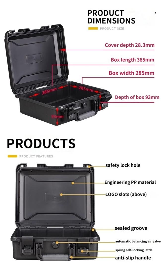 Hard plastic waterproof case showing stainless steel chain and locking mechanism