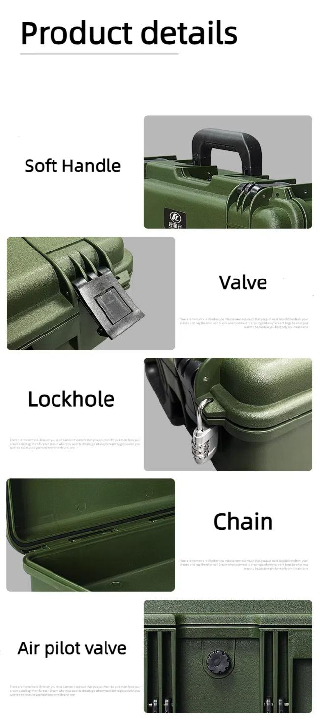 Close-up view of tool storage case latch mechanism and handle