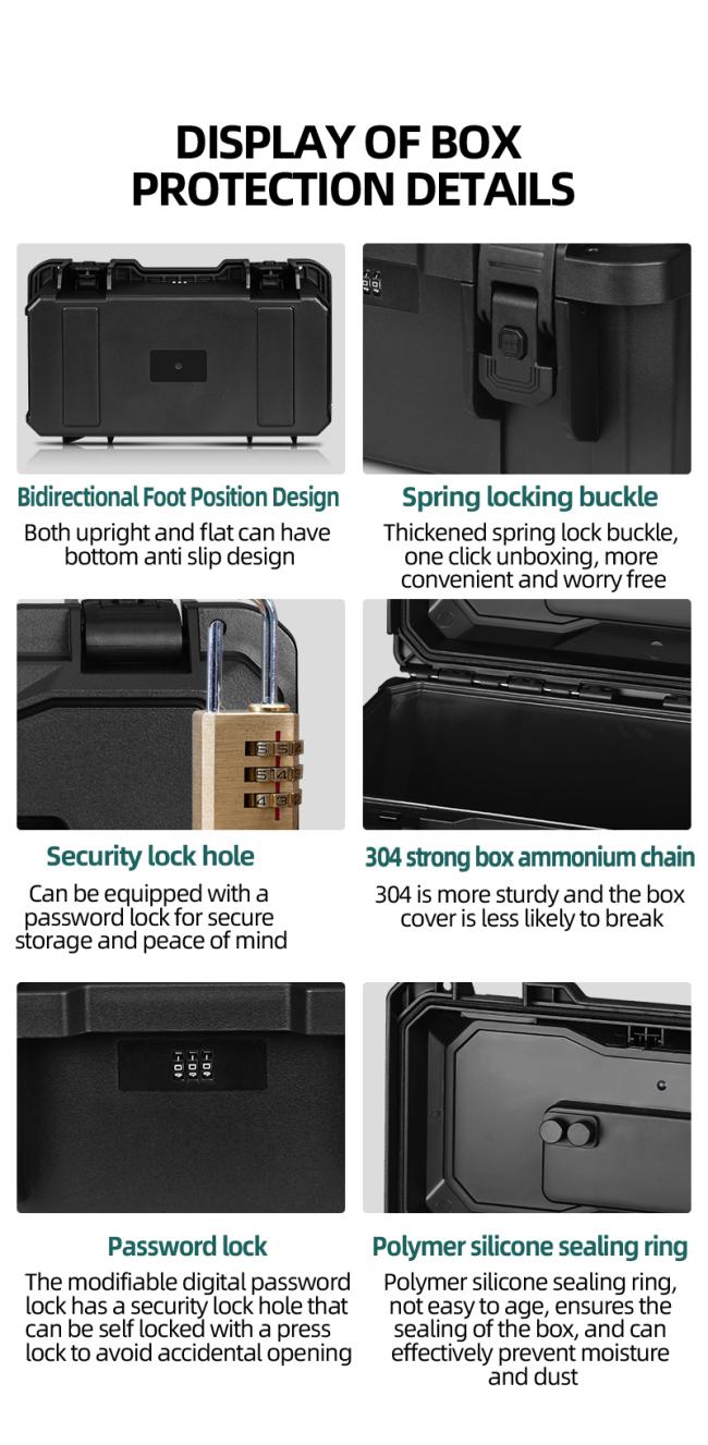 Close-up view of the tool storage box's stainless steel components and waterproof design