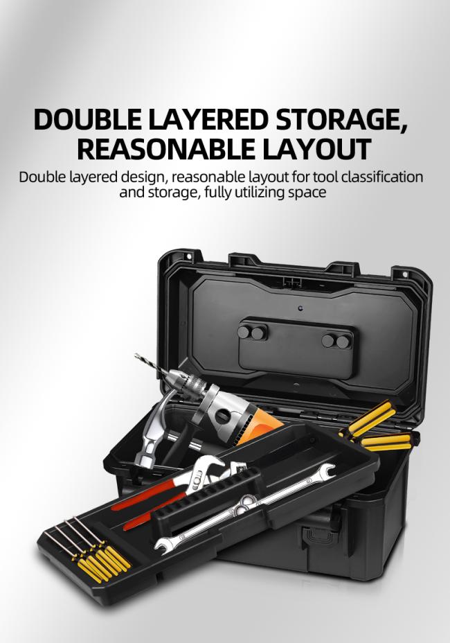 Water resistant tool storage box showing durable construction and locking mechanism