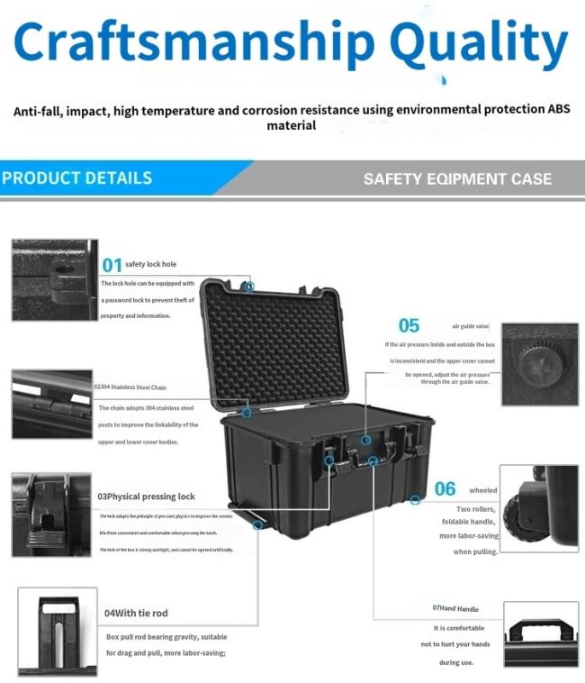 Heavy duty waterproof tool storage case with wheels and foldable handle