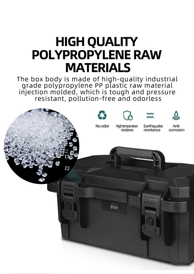 Hard plastic waterproof tool storage case showing exterior design and locking mechanism