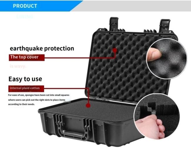 Close-up view of tool box showing 304 steel hinges and ergonomic handle