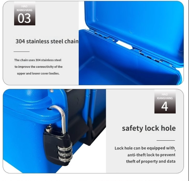 Close-up view of EA-2925H Tool Case's reinforced hinges and ergonomic handle