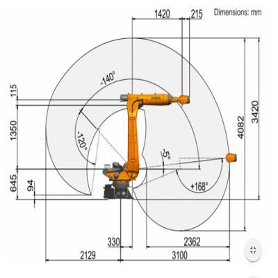 中国 KUKAガイドレール KR 120 R3100-2 リーチ3100mm ペイロード210kg ヘビーデューティ6軸産業用パレタイジングハンドリングロボットアーム 販売のため