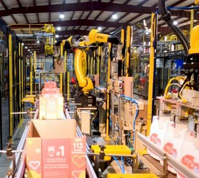 Cina Postazione di lavoro per la movimentazione, pallettizzazione e confezionamento in fabbrica alimentare FANUC M-10iA/10M con sistema di presa su binario in vendita