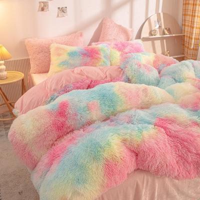 中国 レインボーカラー フェイックスフール ベルヴェット フルフィー プルーッシュ ベッドルーム セット 販売のため