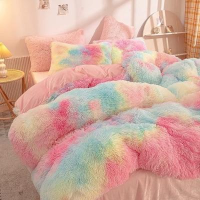 Cina 200TC Conteggio dei fili Set di biancheria da letto di pelliccia finta Piumino di visone arcobaleno di peluche di lusso Set di lenzuola montate in vendita