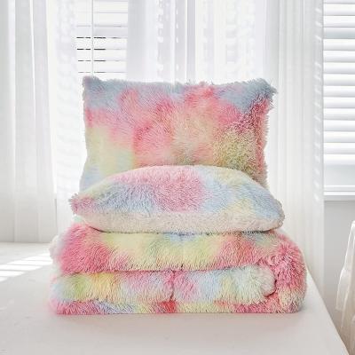 Cina 200TC Conteggio dei fili Set di biancheria da letto di pelliccia finta Piumino di visone arcobaleno di peluche di lusso Set di lenzuola montate in vendita