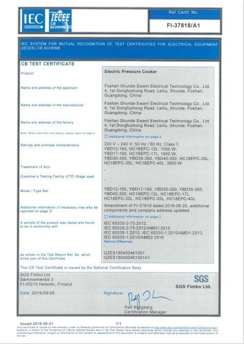 CB - Foshan Shunde Wf Electrical Technology Co., Ltd.