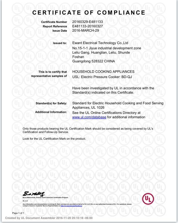 UL - Foshan Shunde Wf Electrical Technology Co., Ltd.