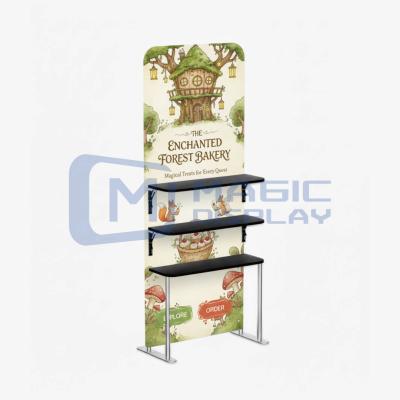 China Portable Freestanding Tension Fabric Display Trade Show Display Stands With Shelf for sale