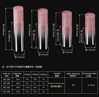 Cina Flacone airless PP per cura personale 20ml 30ml 40ml 50ml Etichette personalizzate (MC-209) in vendita