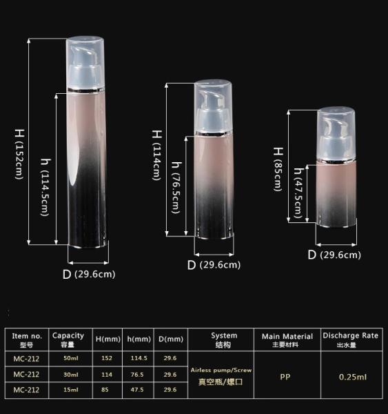 Quality Airless Pump Bottle Cosmetic Packaging 15ml 30ml 50ml OEM Brand (MC-212) for sale