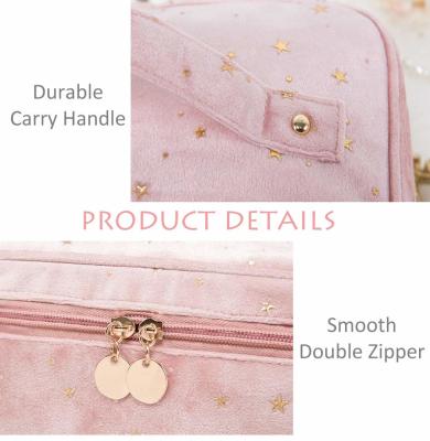 Cina Velvet Makeup Bag with Handle Makeup Bag with Makeup Brush Holder Travel Makeup Bag Pink in vendita
