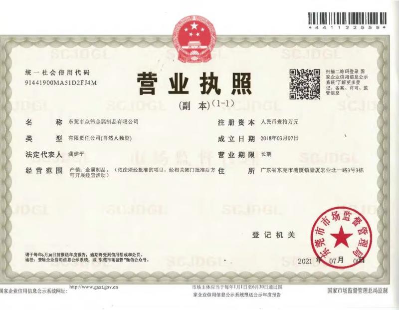 Business license - Dongguan Zhongwei Metal Products Co., Ltd